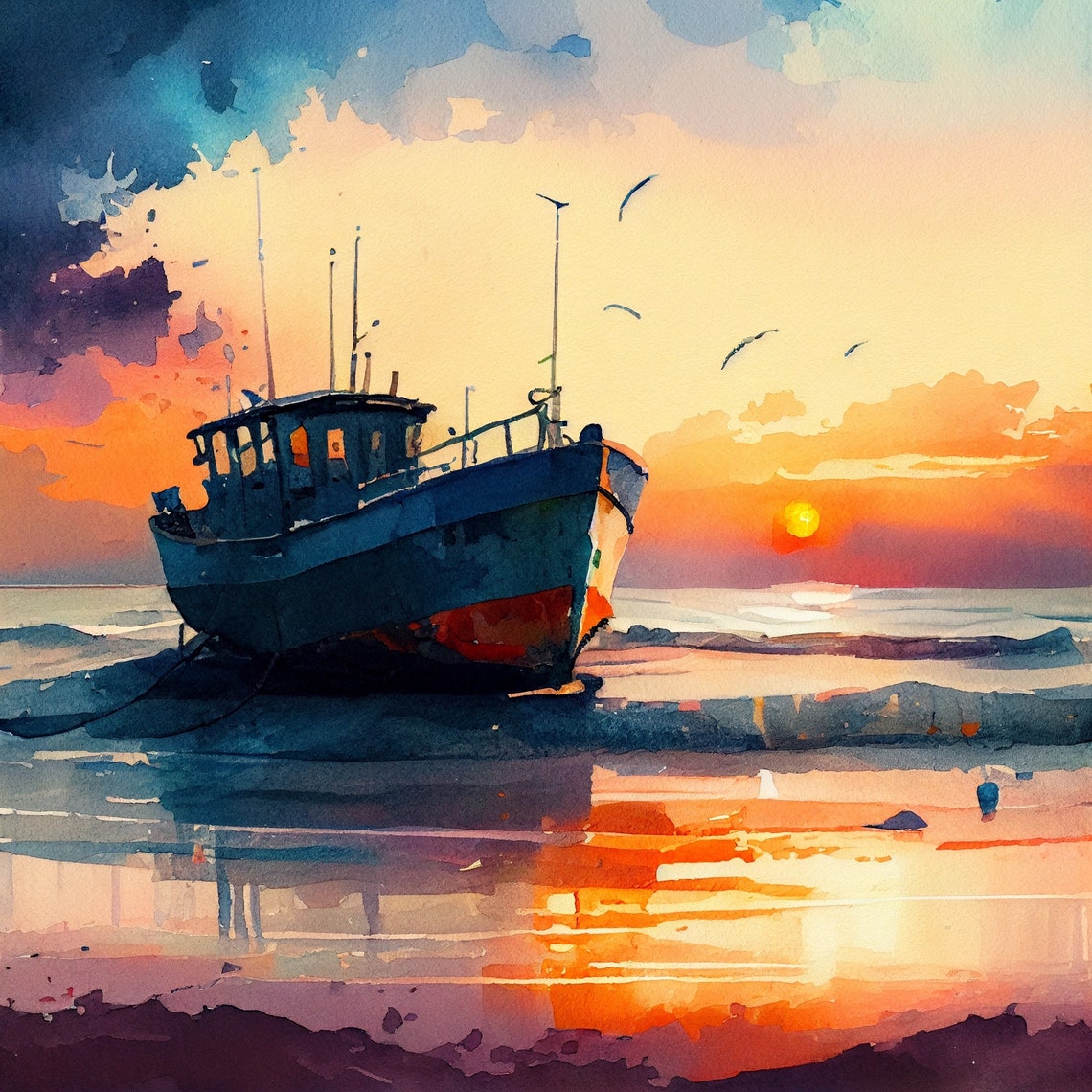 Watercolor Boat on the Beach Clipart, 8 High Quality Unrise Over the ...