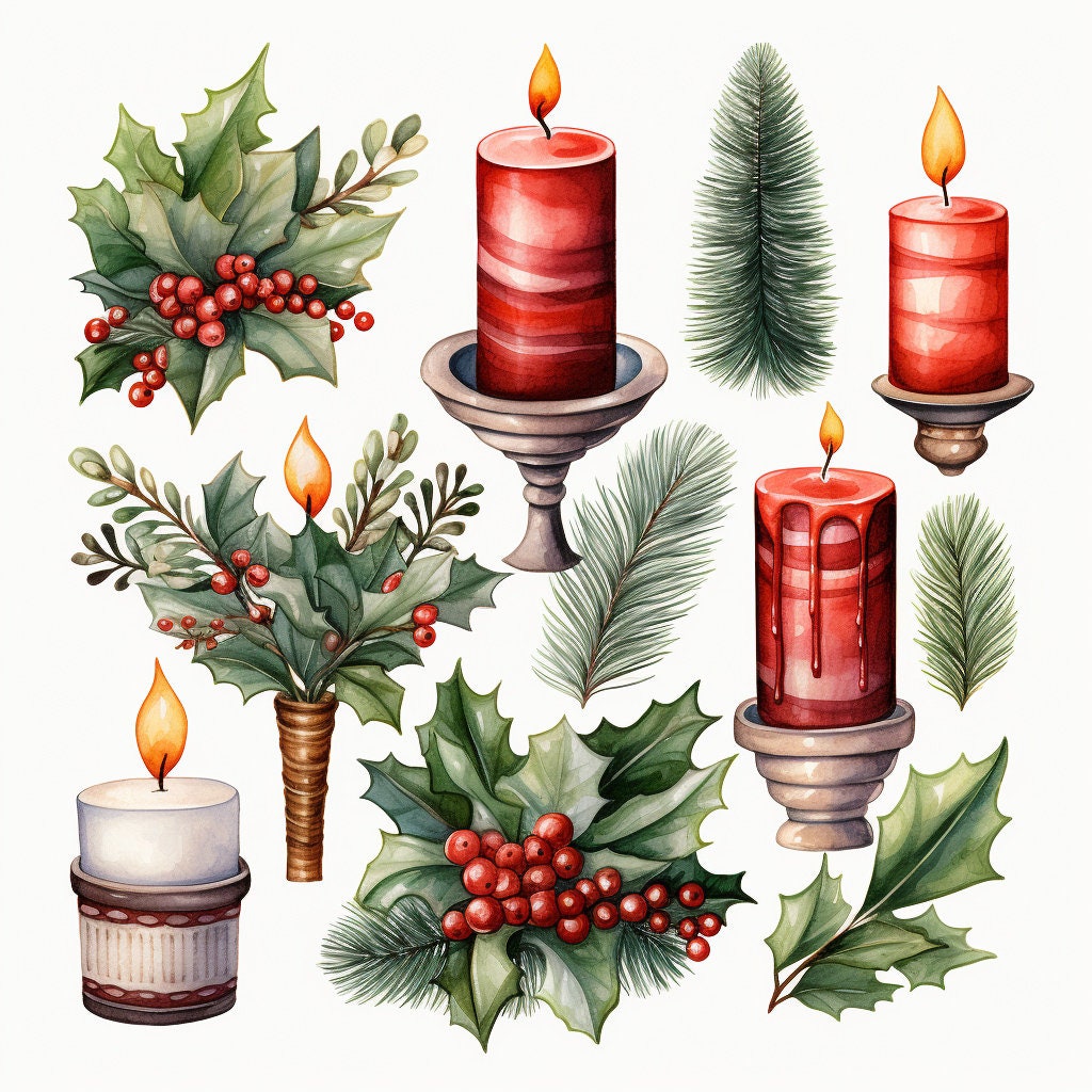 Watercolor Christmas Candle Clipart 12 High Quality Christmas - Etsy UK
