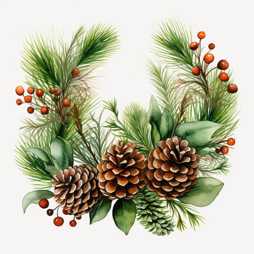 Watercolor Christmas Reef With Pine Cones Clipart, 12 High Quality ...
