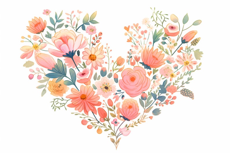 Watercolor Heart Flowers Clipart, 12 High Quality Heart Flowers Jpgs ...