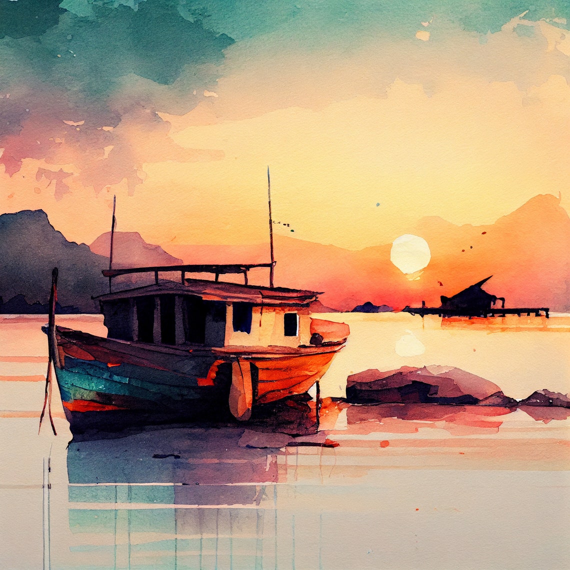 Watercolor Boat on the Beach Clipart, 8 High Quality Unrise Over the ...