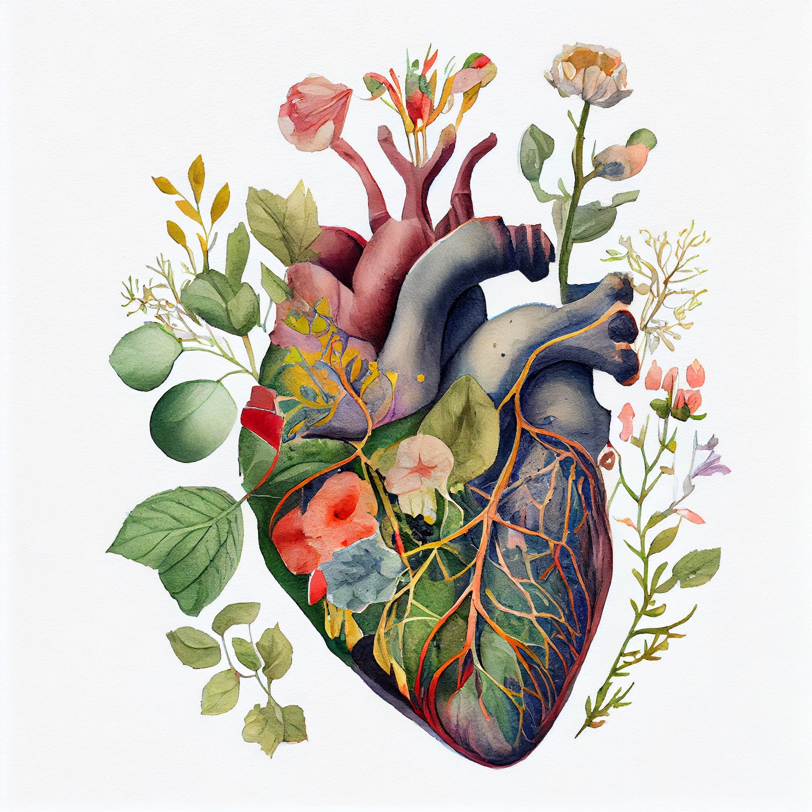 Watercolor Anatomy Heart Flowers Clipart, 9 High Quality Anatomy Heart ...