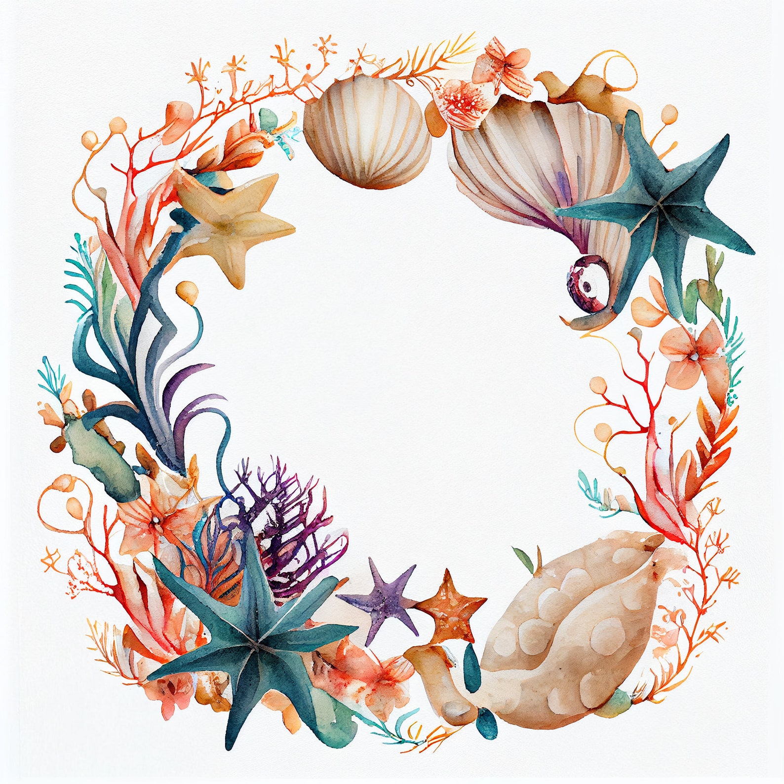 Watercolor Seastar Seashell Wreath Clipart, 10 High Quality Seastar ...