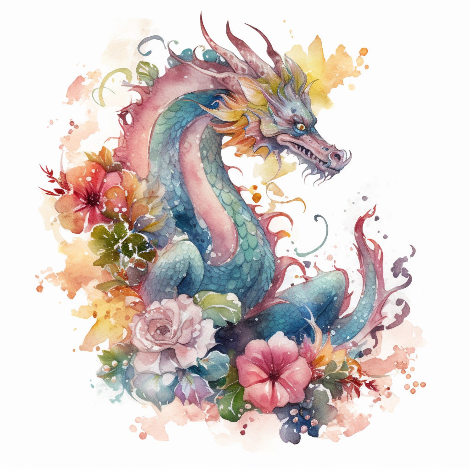 Watercolor Dragon Floral Clipart 9 High Quality Watercolor - Etsy