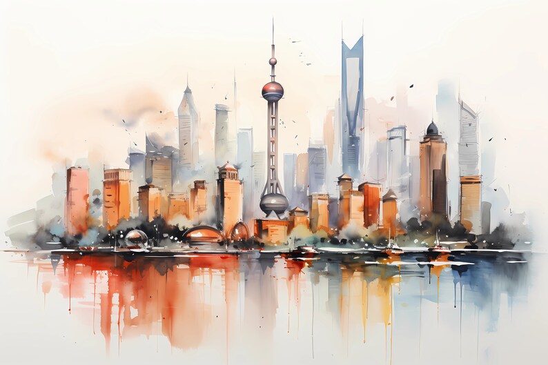 Watercolor Shanghai Skyline Clipart, 10 High Quality Shanghai Skyline ...