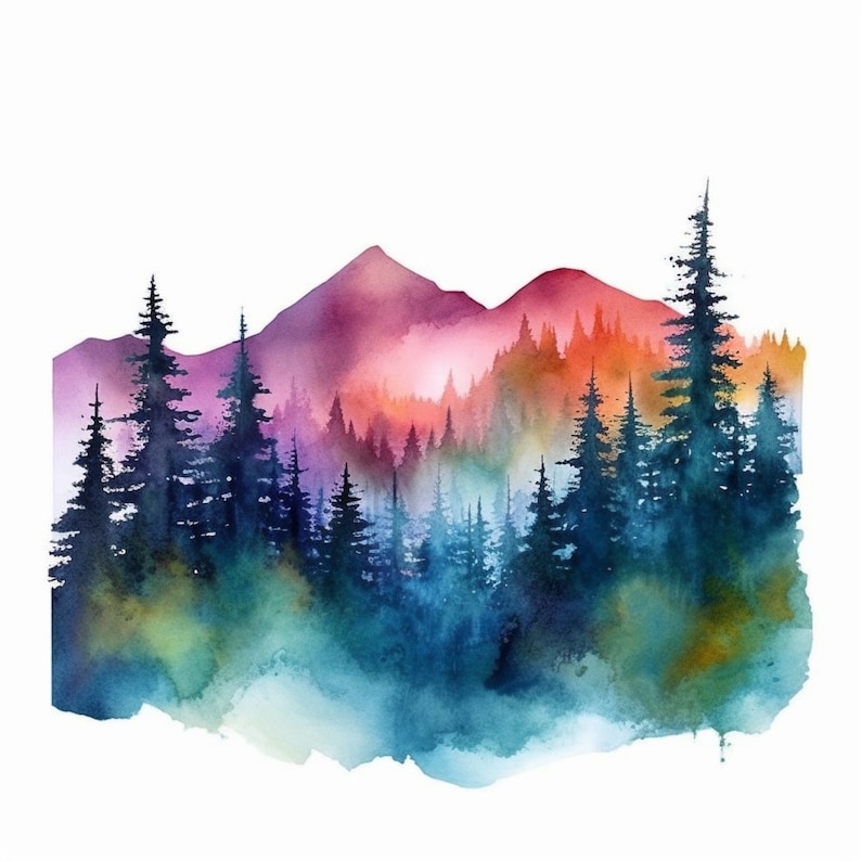 Watercolor Mountains Forest Trees Clipart, 10 High Quality Mountains ...