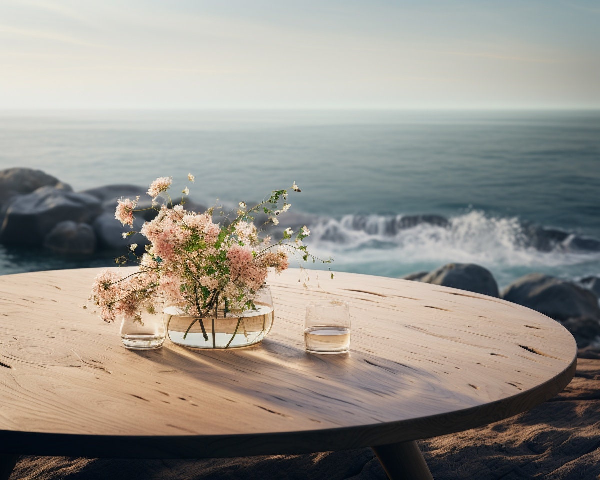 Wooden Table by the Ocean Background Product Mockup, 9 High Quality ...