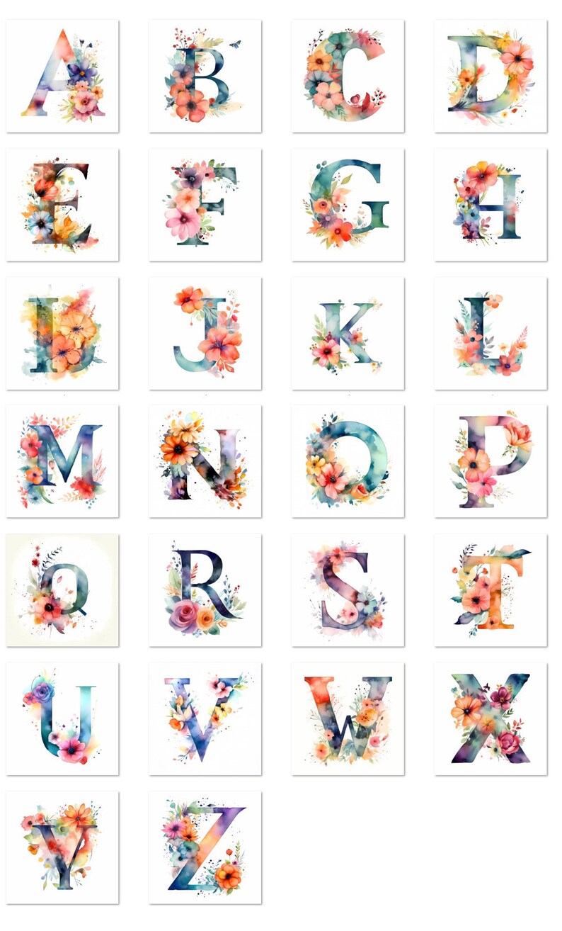Watercolor Letters Flowers Clipart, 26 High Quality Watercolor Letters ...