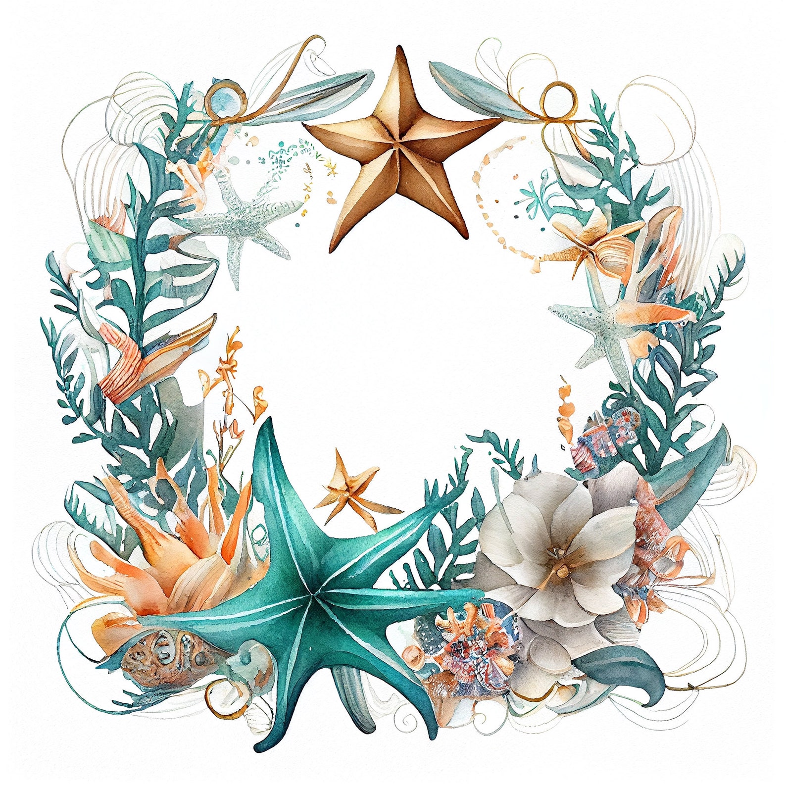 Watercolor Seastar Seashell Wreath Clipart 10 High Quality - Etsy