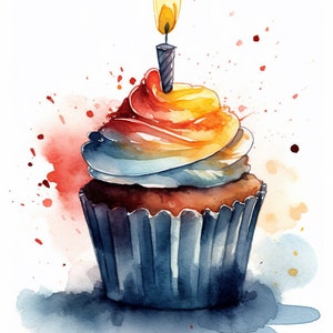 Watercolor Birthday Cupcake With Candle Clipart, 12 High Quality ...