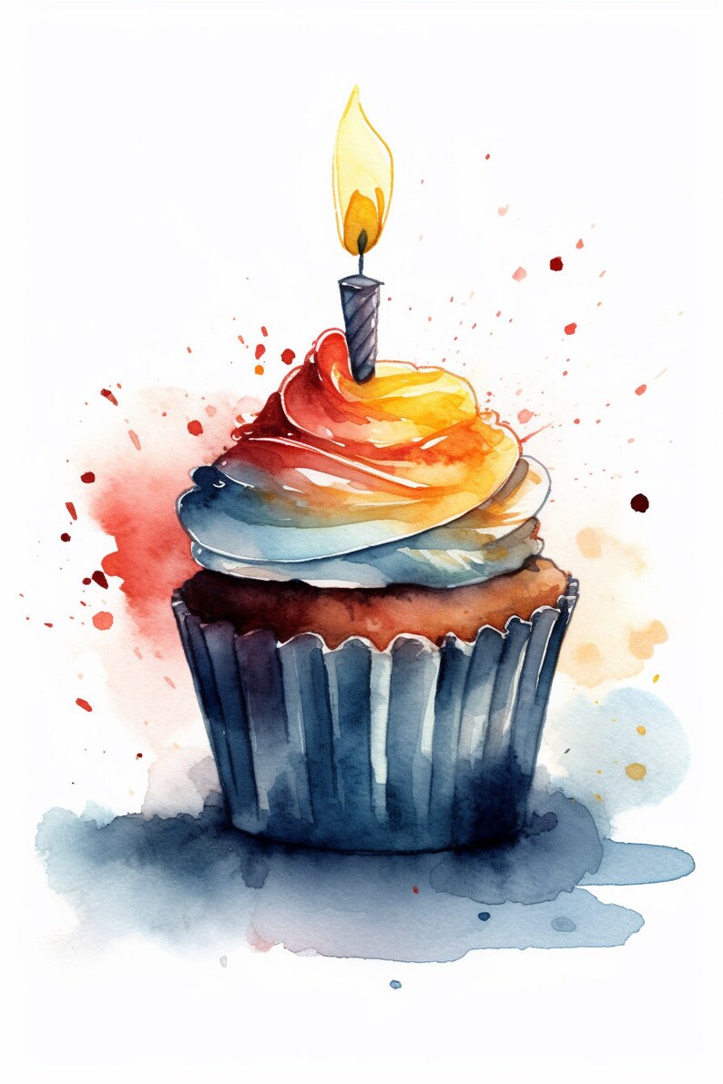 Watercolor Birthday Cupcake With Candle Clipart, 12 High Quality ...