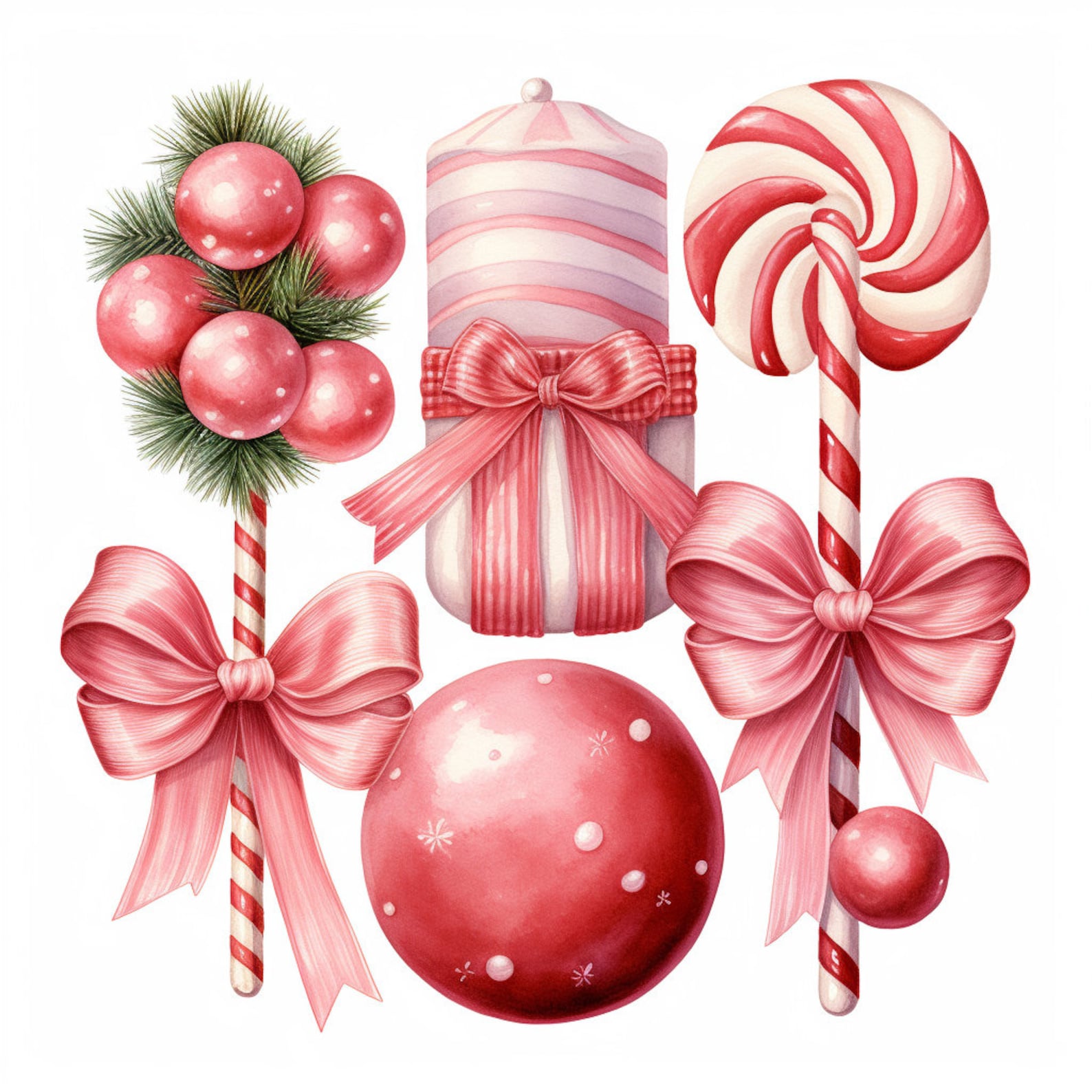 Watercolor Christmas Candy Pink Clipart, 12 High Quality Christmas ...
