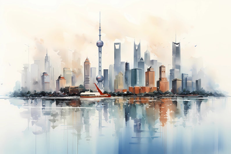 Watercolor Shanghai Skyline Clipart, 10 High Quality Shanghai Skyline ...
