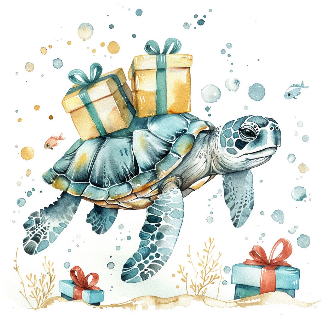 Watercolor Sea Turtle Gift Box Isolated Clipart, 12 High Quality Sea ...