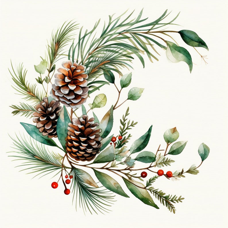 Watercolor Christmas Reef With Pine Cones Clipart, 12 High Quality ...