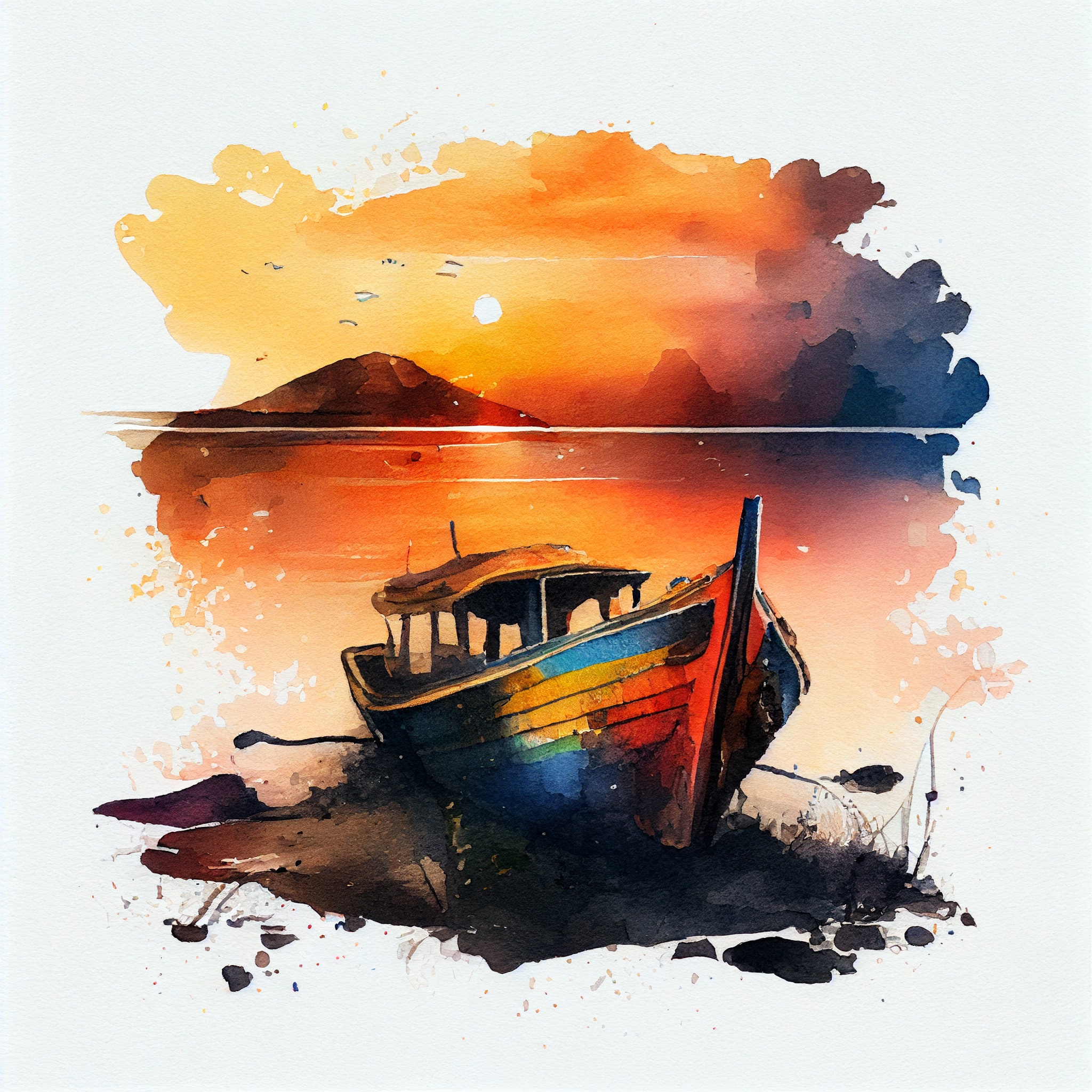 Watercolor Boat on the Beach Clipart, 8 High Quality Unrise Over the ...