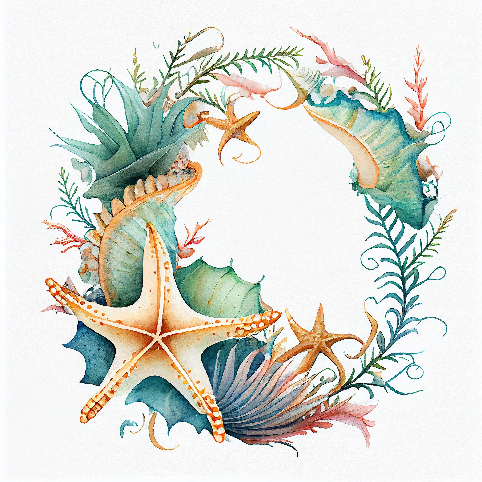 Watercolor Seastar Seashell Wreath Clipart 10 High Quality - Etsy