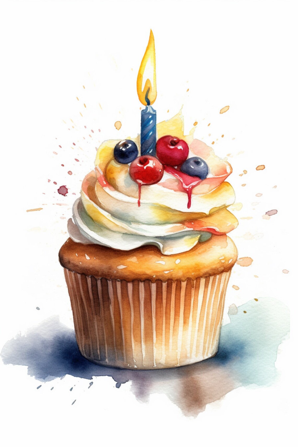 Watercolor Birthday Cupcake With Candle Clipart, 12 High Quality ...