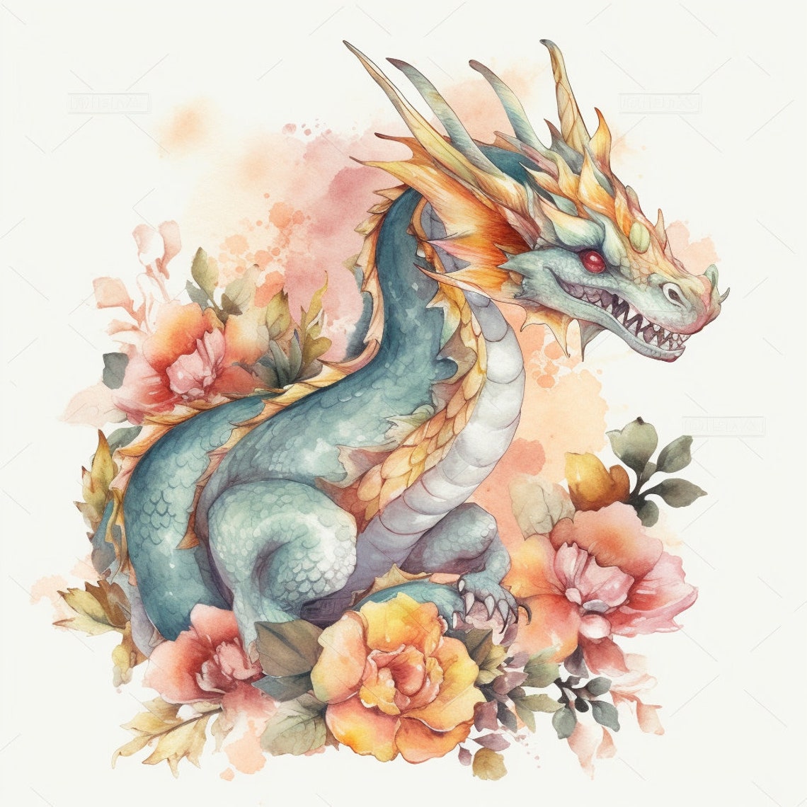 Watercolor Dragon Floral Clipart 9 High Quality Watercolor - Etsy