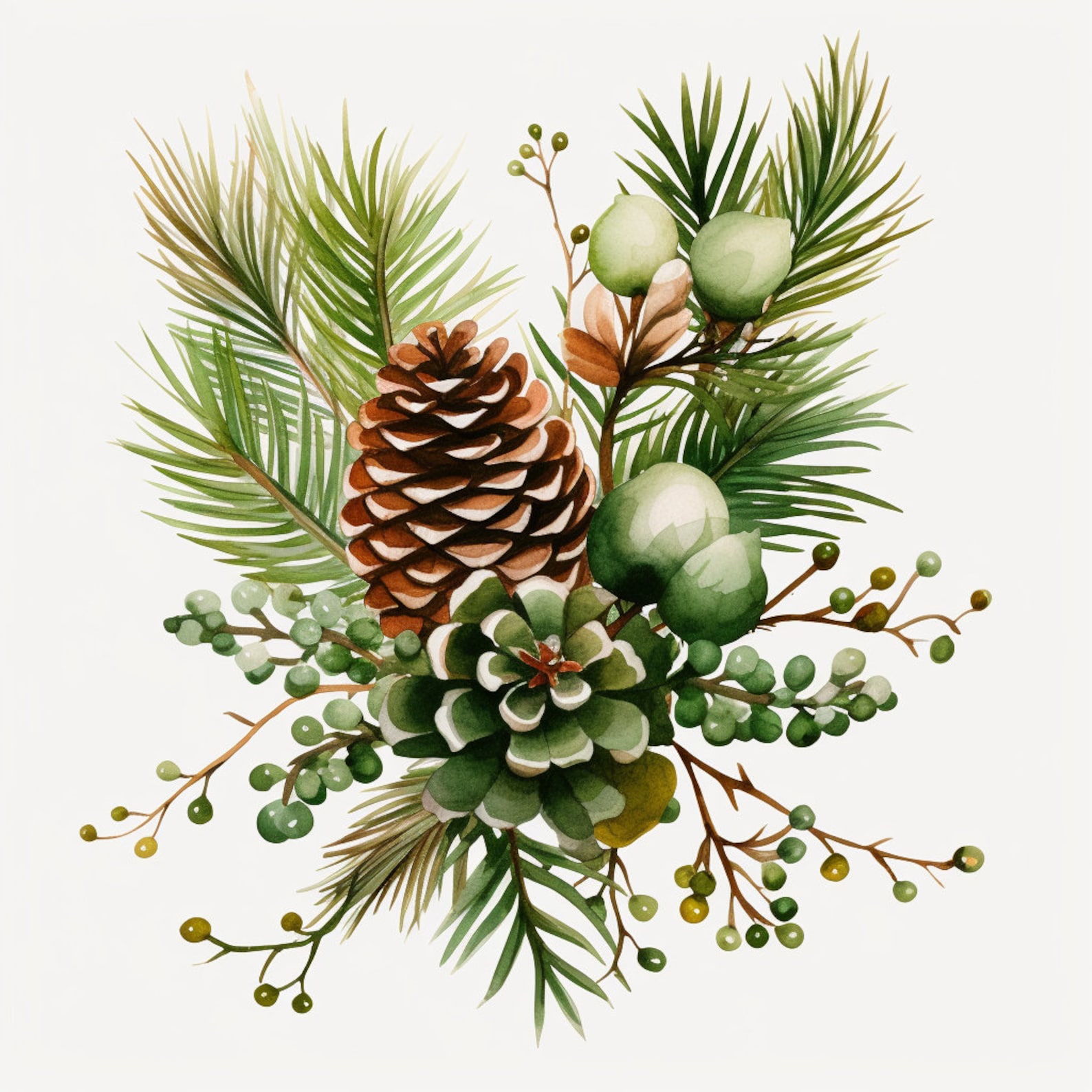 Watercolor Christmas Reef With Pine Cones Clipart, 12 High Quality ...