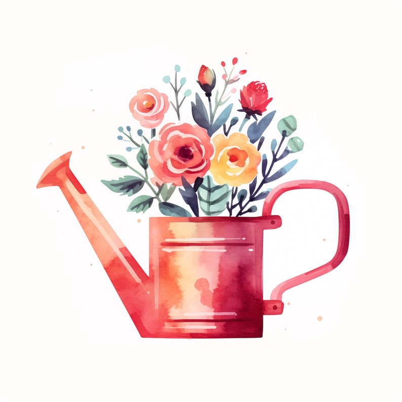 Watercolor Watering Can Floral Clipart, 10 High Quality Watering Can ...