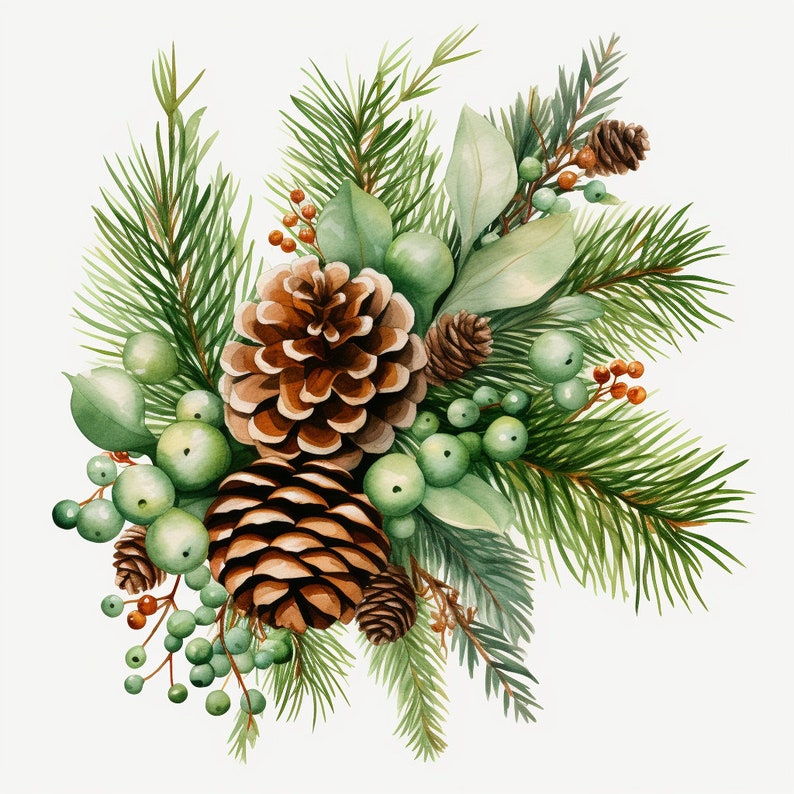 Watercolor Christmas Reef With Pine Cones Clipart, 12 High Quality ...