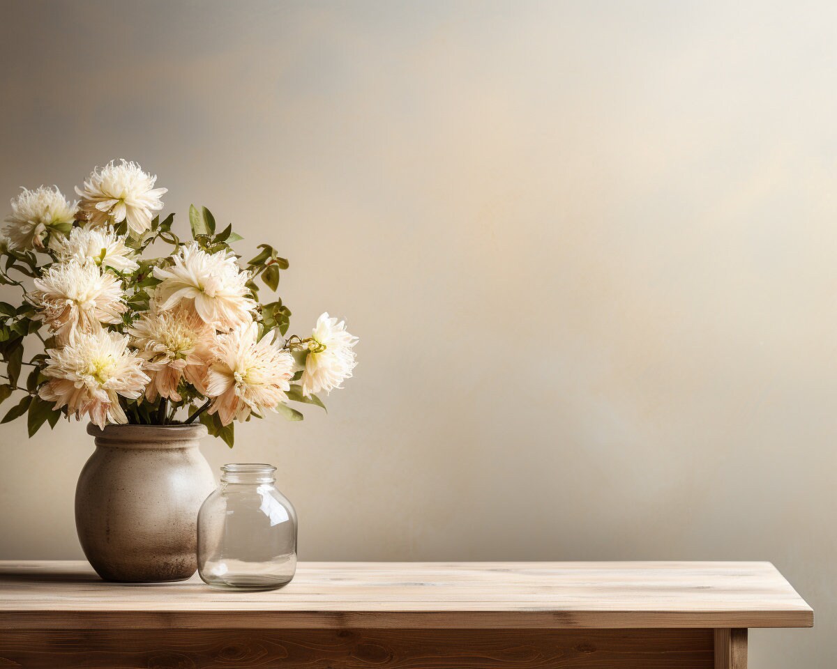 Wood Table & Flowers Background Product Mockup, 10 High Quality Flowers ...