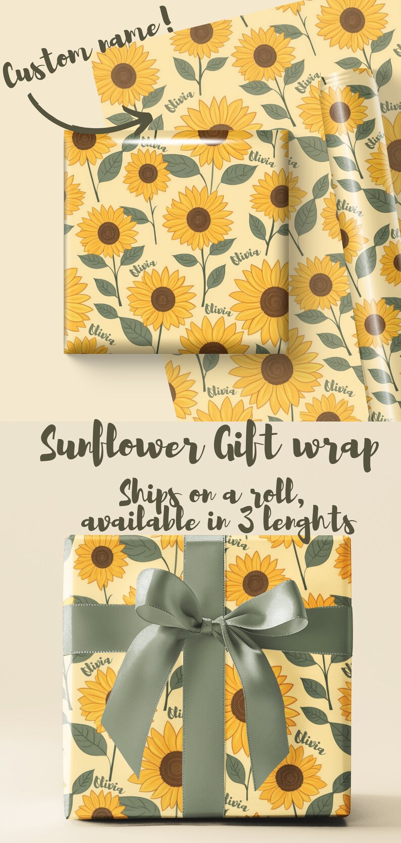 Sunflower Wrapping Paper Birthday Floral Print Gift Wrap Yellow Custom ...