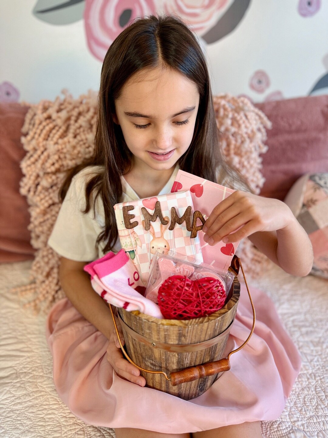 Custom Kids Name Letters Valentines Day Gift Basket for Kids Small Wood ...
