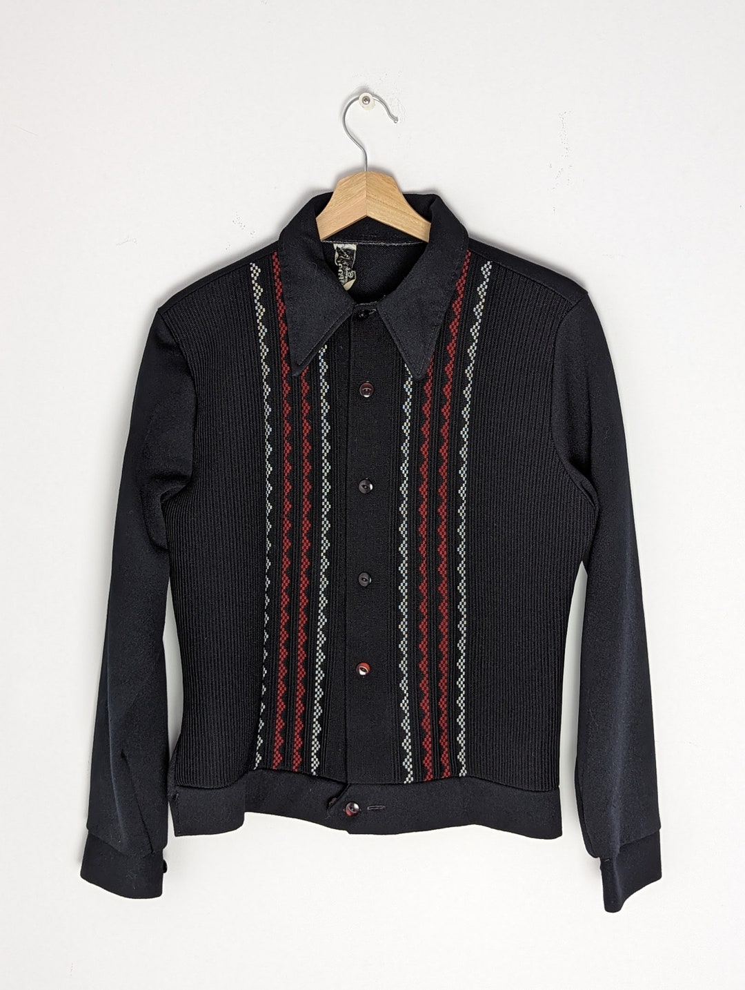 Vintage 70s Sweater Shirt Gaucho Jac Mod Black Patterned Acetate Knit ...