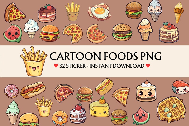 Cartoon Food Print and Cut Digital PNG Sticker, 32 Different Designs ...