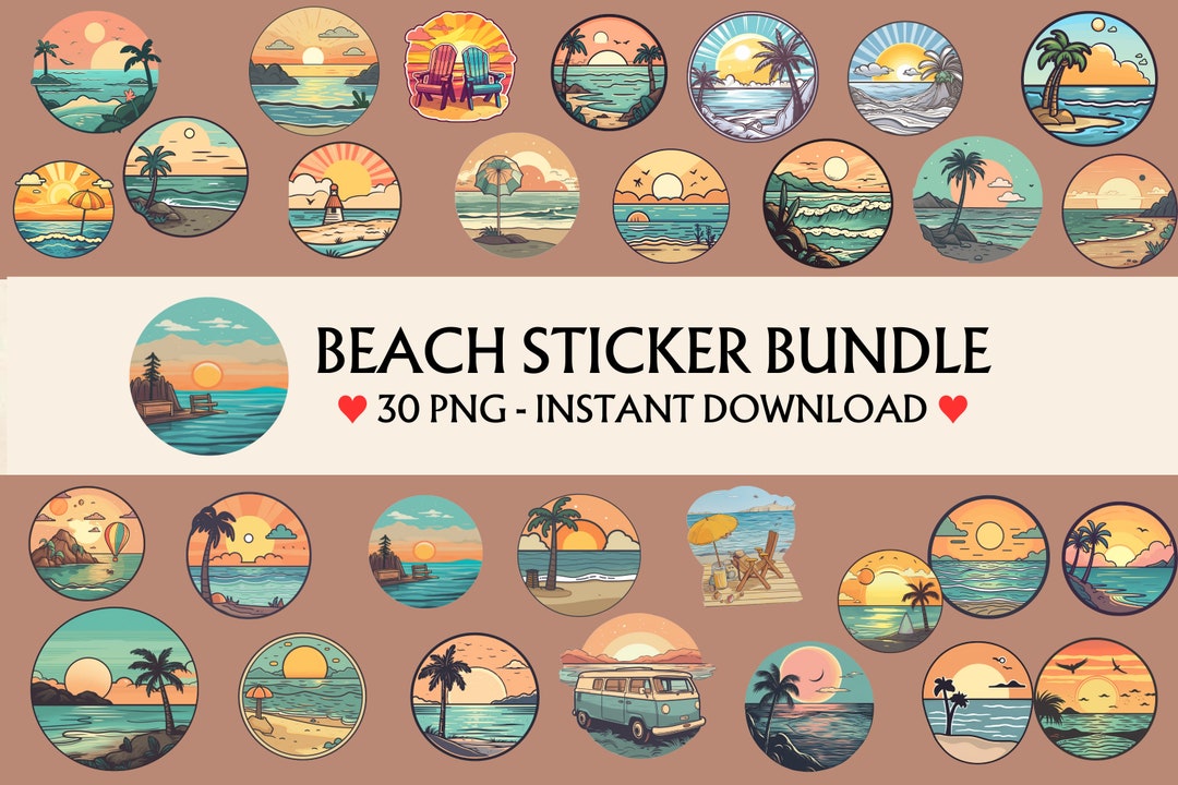 Beach View Stickers, Beach Print and Cut Digital PNG Sticker, 30 Beach ...
