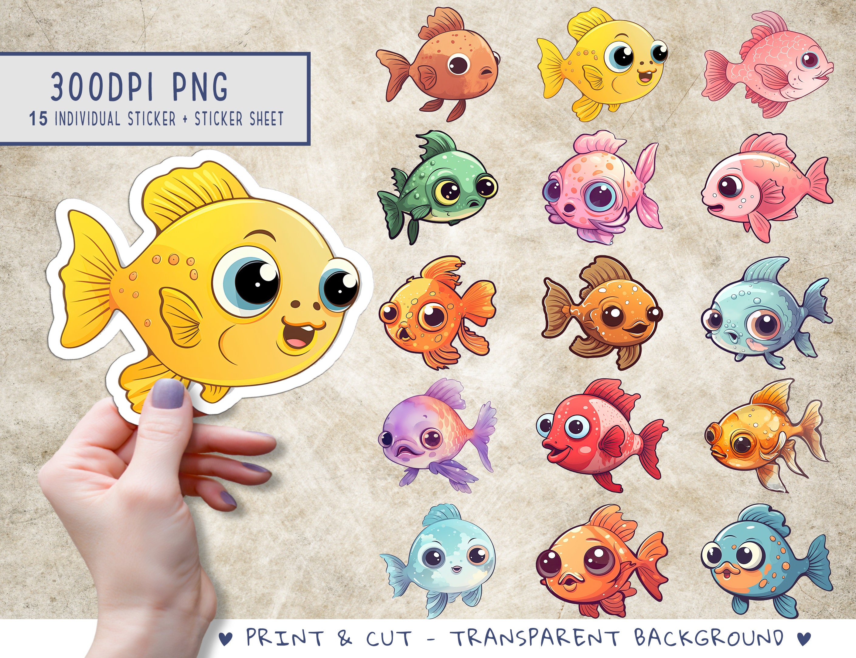 Cute Fish Print and Cut Stickers, Sticker Png Bundle, Printable ...