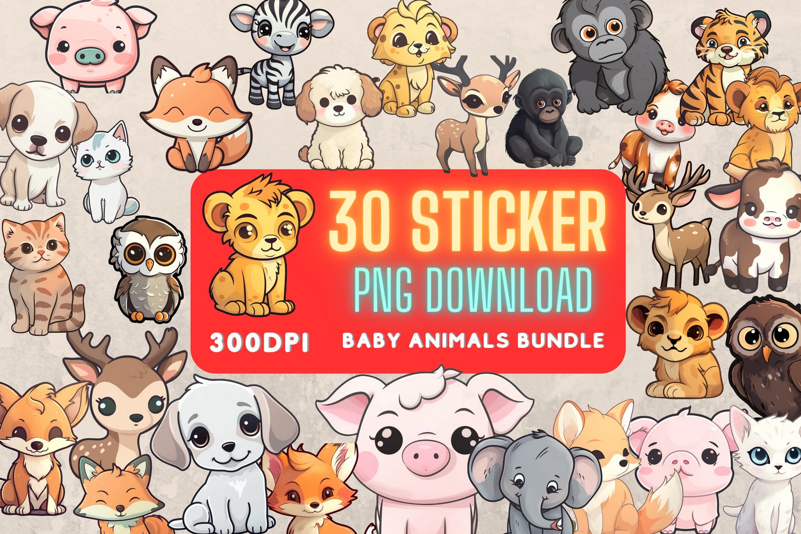 Cute Baby Animals PNG Stickers, Sticker Png Bundle, Printable Stickers ...
