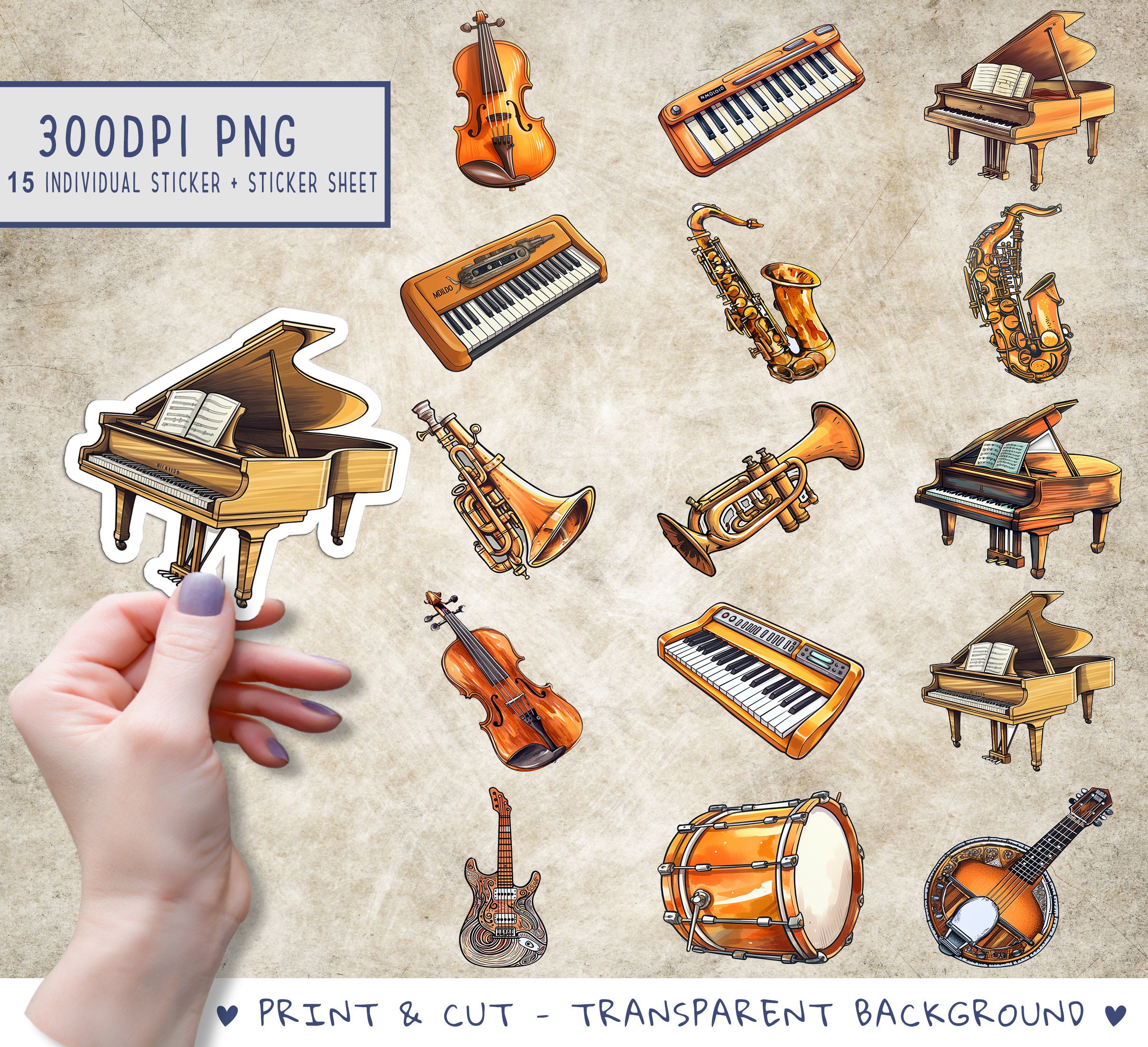 Music Instrument PNG Stickers, Sticker Png Bundle, Printable Stickers ...