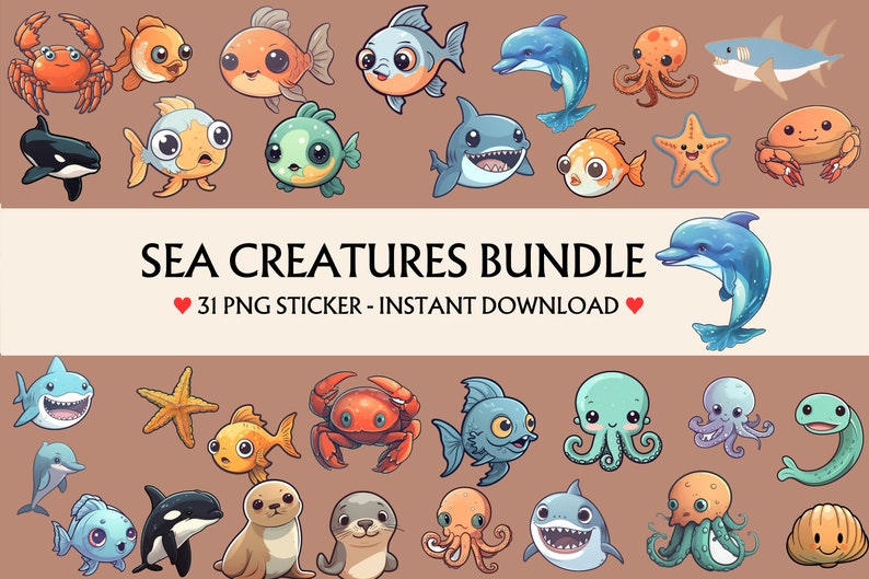 Sea Animals Digital Download Stickers Animals Transparent - Etsy
