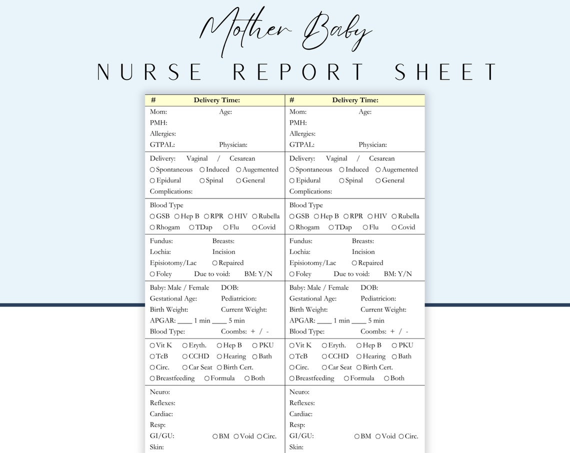 Mother Baby Report Sheet | Postpartum Report Sheet | Nurse Brain Sheet ...