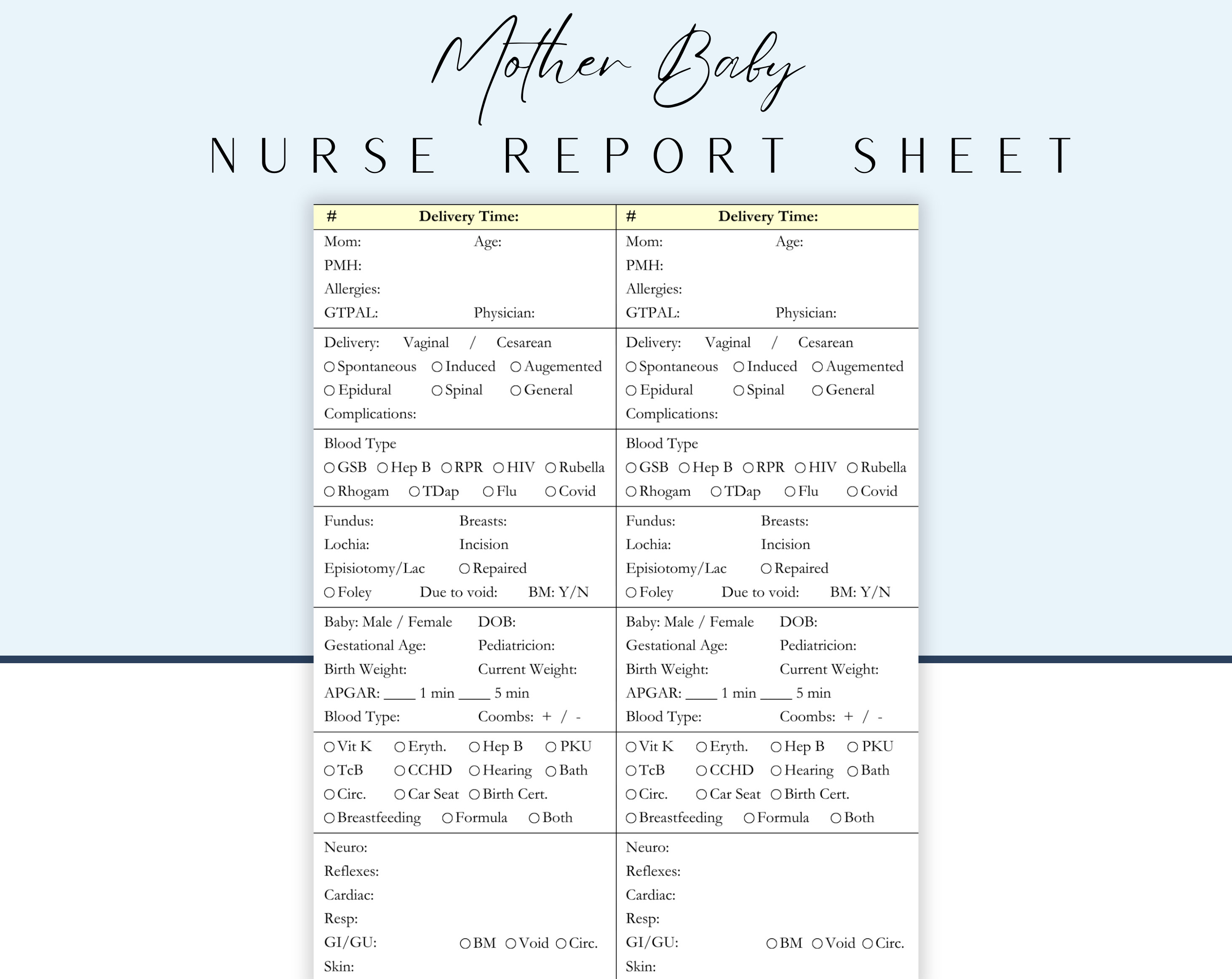 Mother Baby Report Sheet | Postpartum Report Sheet | Nurse Brain Sheet ...