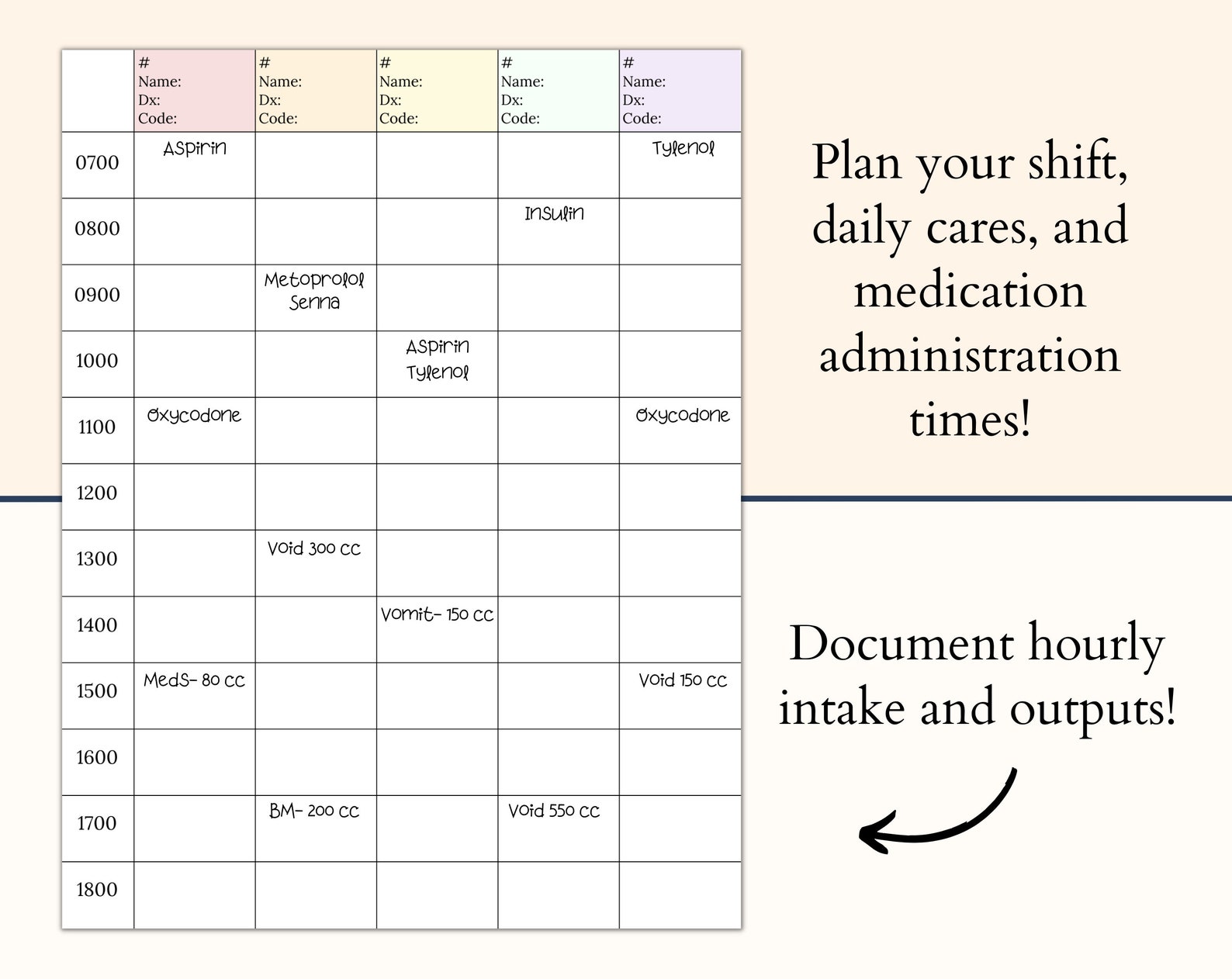 Nurse Hourly Shift Organizer: I&O Tracker (PDF) - Etsy