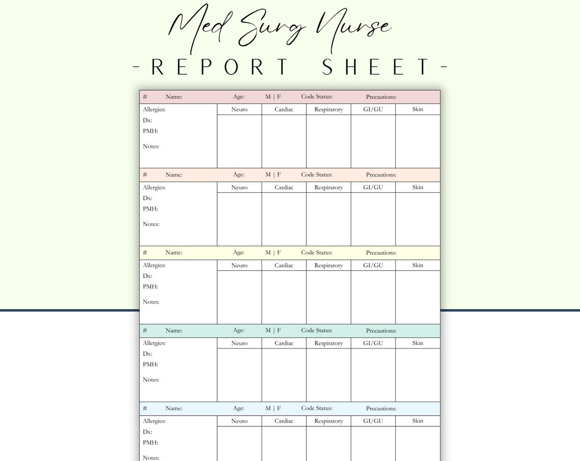 5 Patient Med Surg Report Sheet | Nurse Report Sheet | Med Surg Nurse ...
