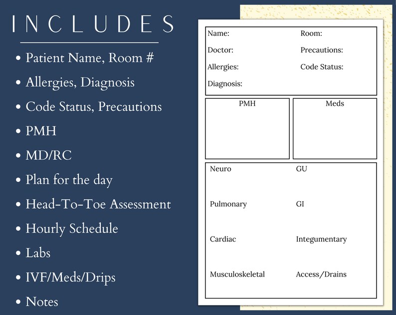 Nurse Report Sheet: ICU, Med Surg, NICU Brain Sheet (PDF) - Etsy