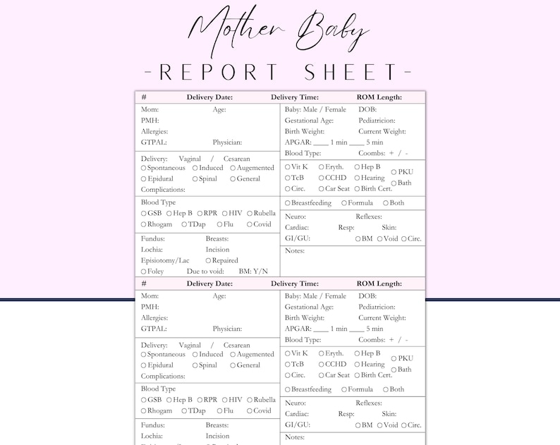 Mother Baby Report Sheet | Postpartum Nurse Report Sheet | Nurse Shift ...