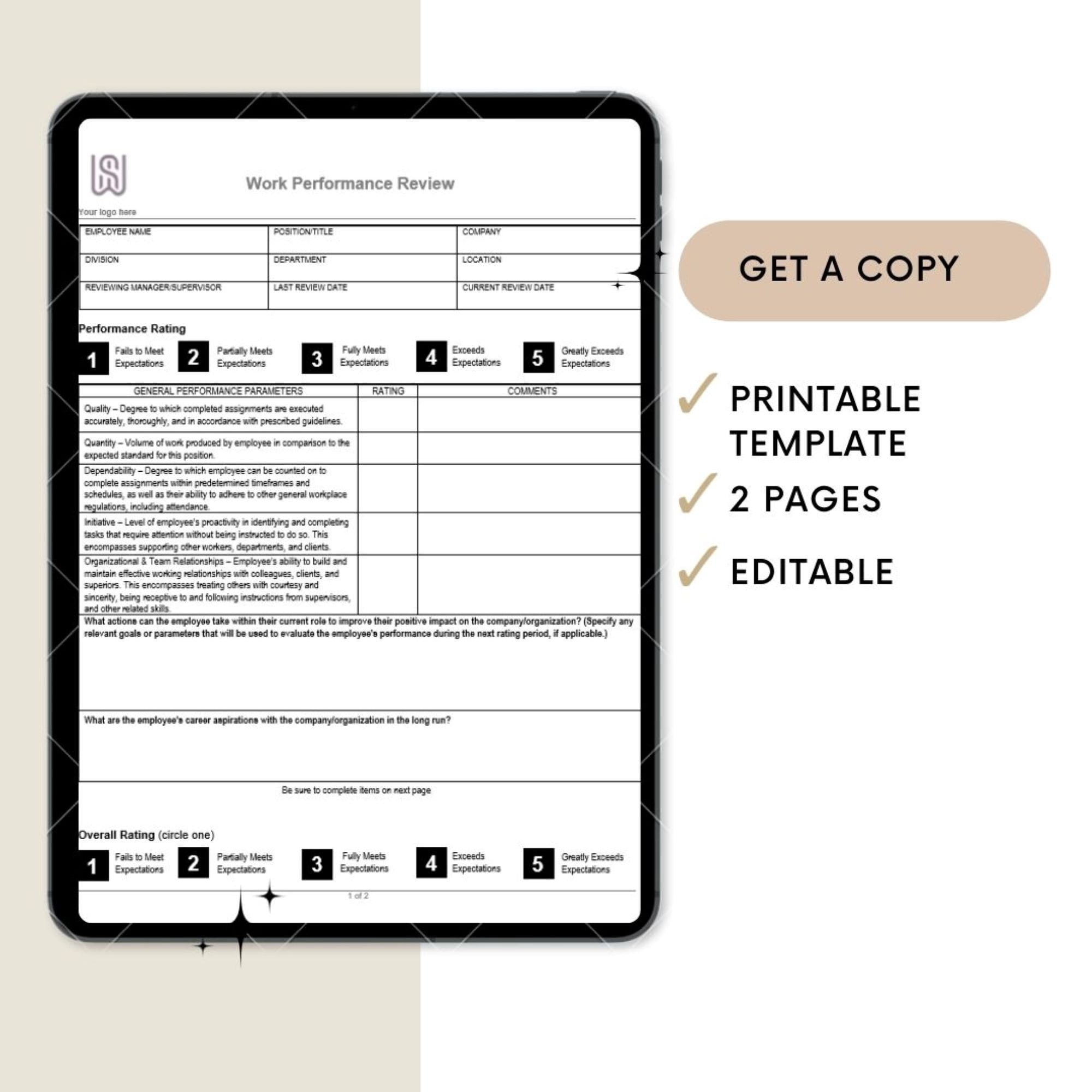 Performance Review Template, Employee Evaluation Form, Work Performance ...