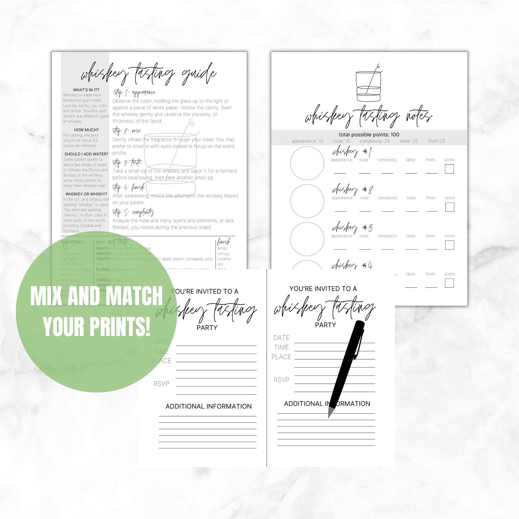 Whiskey or Bourbon Tasting Party Kit With Note Sheet, Tags and Flavor ...