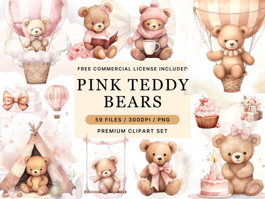 Pink Watercolor Teddy Bear Clipart for Girl, Watercolor Baby Shower ...