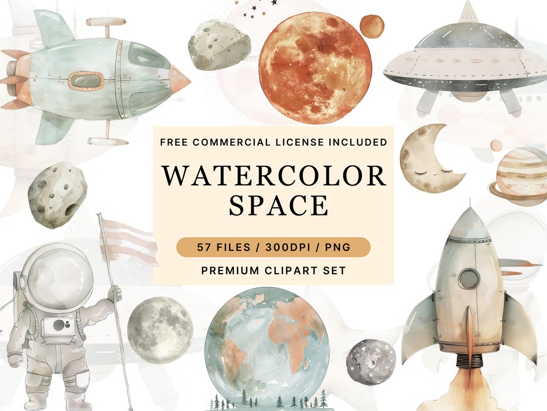 Watercolor Space Clipart Bundle, Sun Watercolor Clipart, Astronaut ...