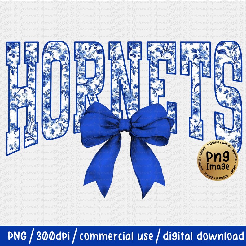 Hornets Blue Floral Toile Chinoiserie Team Water Color Coquette Bow ...