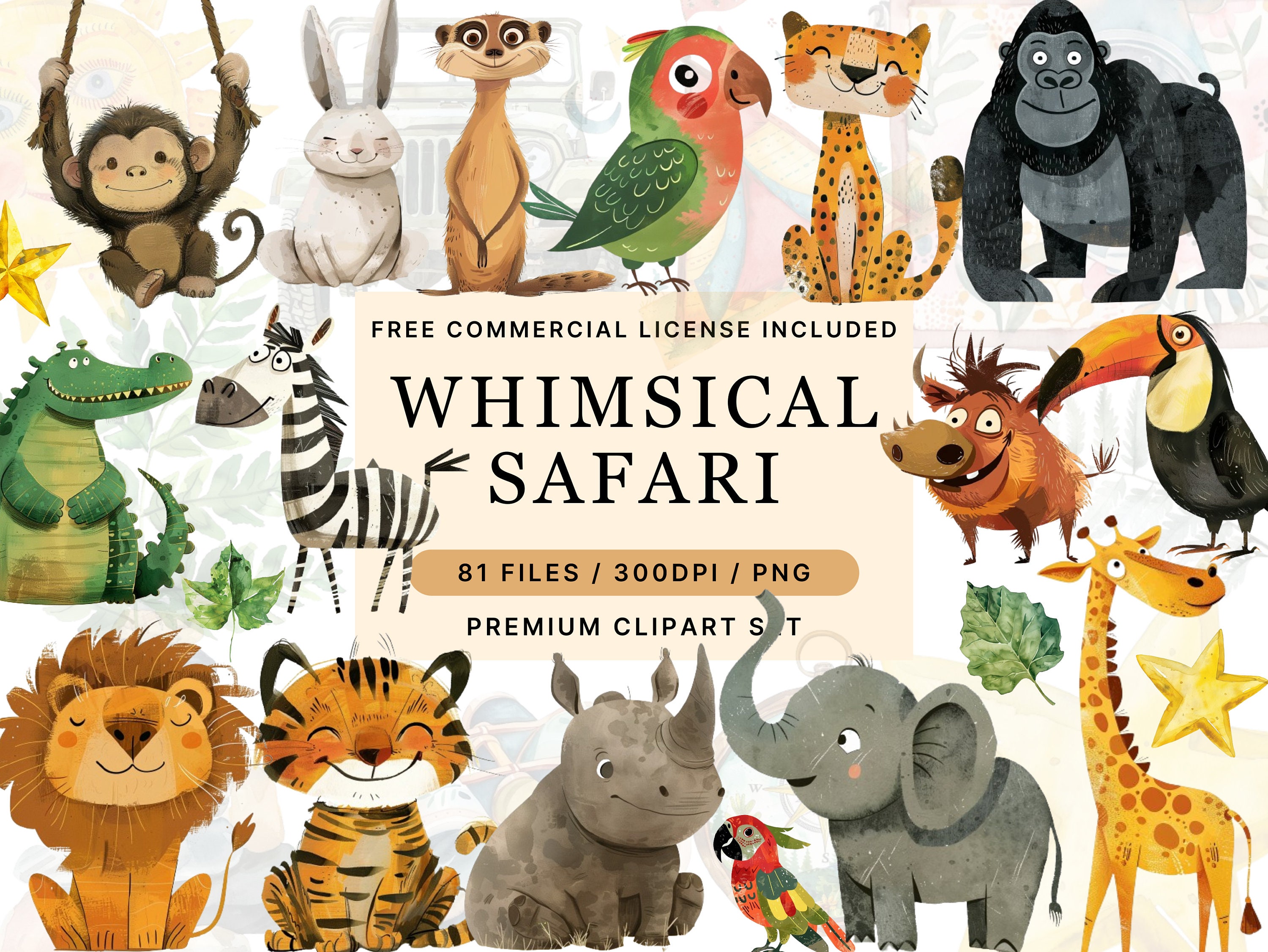 Cute Safari Animals Watercolor Commercial Use Clipart, Baby Shower ...