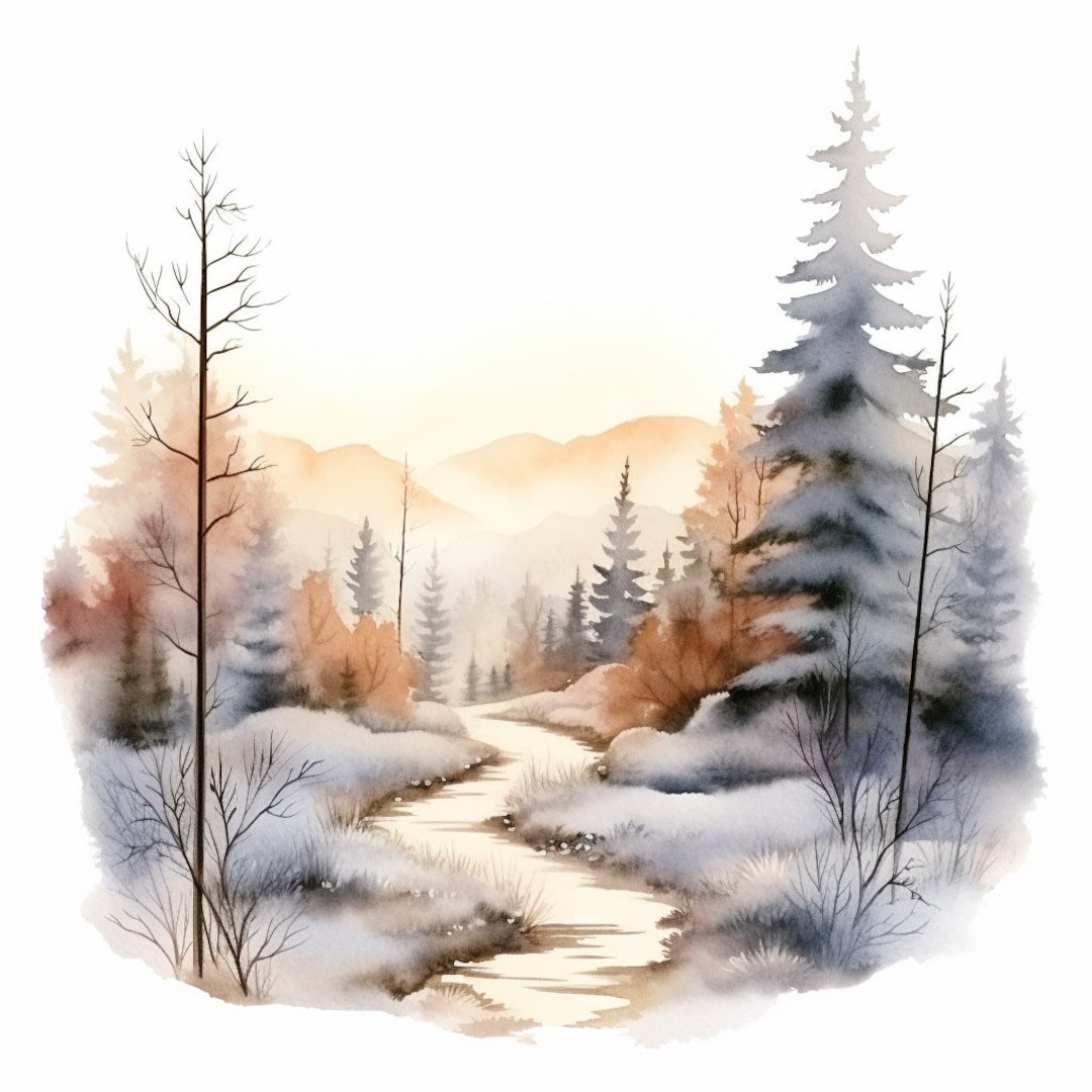 Snow Country Path Clipart, 9 High Quality Jpgs, Watercolor Art, Digital ...