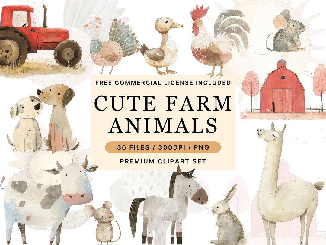 Watercolor Farm Animal Commercial Usage Clipart Bundle, Nursery Clipart ...